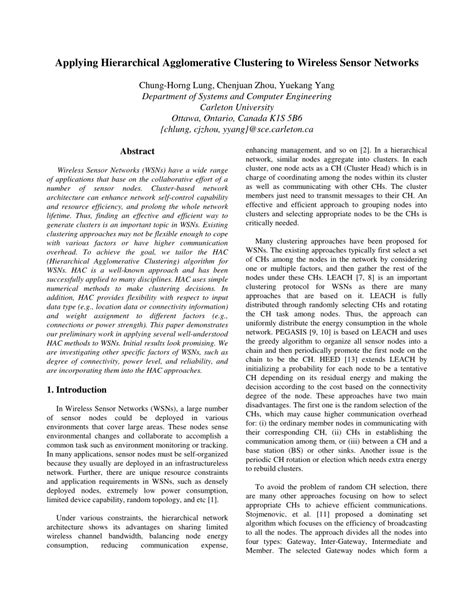 Pdf Applying Hierarchical Agglomerative Clustering To Wireless Sensor