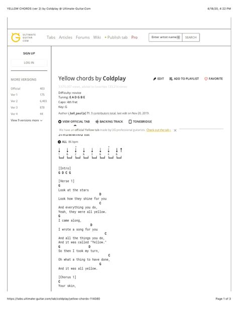 Yellow Chords Ver 2 By Coldplay Pdf Song Structure Guitar