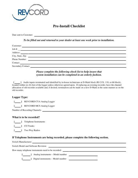 Pre Install Checklist Westek Marketing