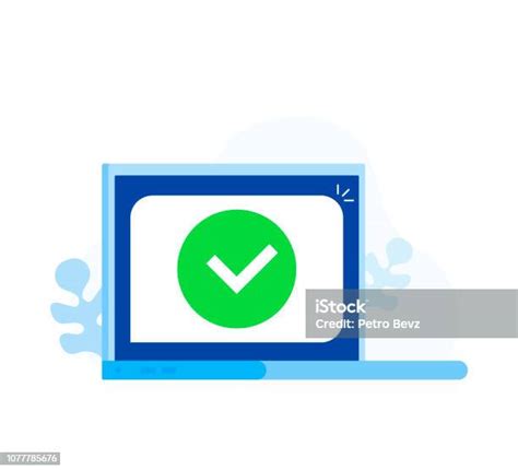 노트북 승인 된 선택 컴퓨터 작업 의 아이디어에 체크 표시 나 눈금 알림 업데이트 또는 다운로드 완료 적용 하거나 체크를 승인 합니다 현대 평면 스타일 벡터 일러스트 레이