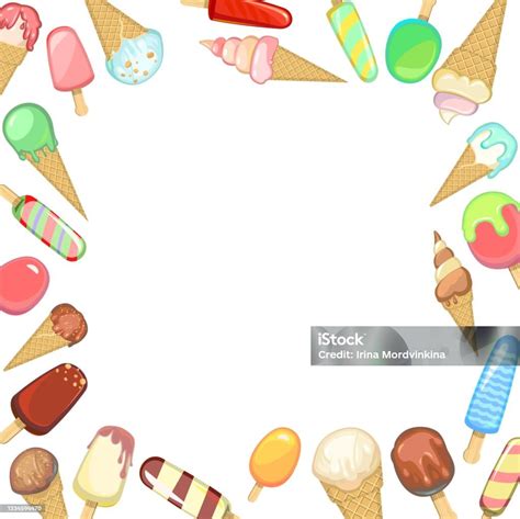 와플 콘과 스틱에 아이스캔디에 다양한 아이스크림의 프레임 엉망 여름 달콤한 유제품 우유 초콜릿 과일 흰색 배경에 격리 된 테두리입니다 벡터 아이스크림에 대한 스톡 벡터 아트