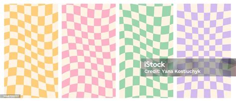 그루비 히피 70s 벡터 배경 세트 체스판 패턴 트렌디한 복고풍 사이키델릭 스타일의 뒤틀리고 왜곡된 벡터 질감 강렬하고 밝은 색상에 대한 스톡 벡터 아트 및 기타 이미지
