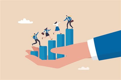 직원 개발 인재 관리 또는 경력 성장 직원 동기 부여 또는 팀워크 및 성공 개선 개념에 대한 지원 비즈니스 사람들은 Hr 손에서 성장 그래프를 걷도록 도와줍니다 프리미엄 벡터