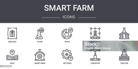 스마트 팜 컨셉 라인 아이콘 세트 플라스크 스마트 팜 필드 설정 컨베이어 트랙터 사일로 사과와 같은 웹 로고 Ui Ux에 사용할