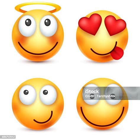 웃는 얼굴 웃는 이모티콘 감정이 있는 노란 얼굴 얼굴 표정 3d 현실적인 이모티콘 재미있는 만화 캐릭터 기분 웹 아이콘입니다 벡터 일러스트레이션 개체 그룹에 대한 스톡 벡터