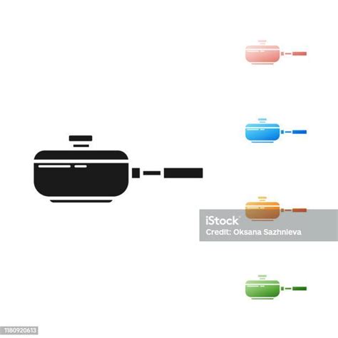 흰색 배경에 격리 된 검은 색 프라이팬 아이콘입니다 튀김 또는 구운 음식 기호 다채로운 아이콘을 설정합니다 벡터 일러스트레이션 강철에 대한 스톡 벡터 아트 및 기타 이미지