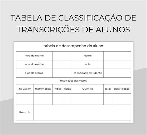 Planilhas Tabela De Classificação De Transcrições De Alunos Excel E