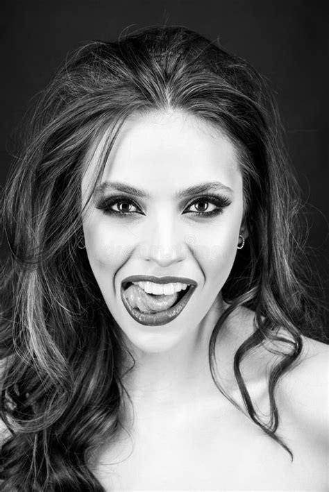 Sensual Woman Open Mouth Tongue Touches The Teeth Close Up Licking Red Lips Stock Image