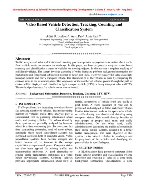Pdf Video Based Vehicle Detection Tracking Counting And Classification System Ijsred
