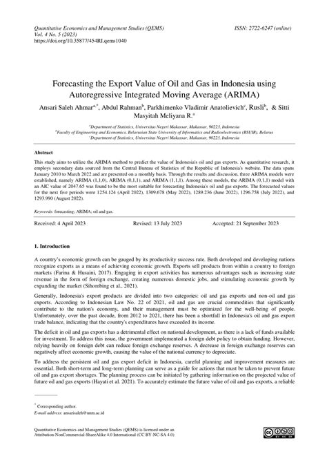 Pdf Forecasting The Export Value Of Oil And Gas In Indonesia Using