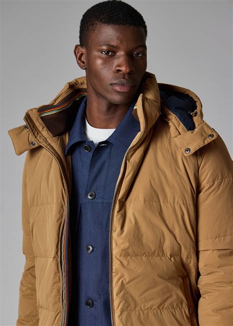 Mens Tan Down Jacket With Detachable Hood