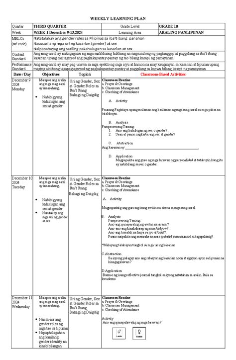Wlp Q3 W1 Gender And Sex Roles Lesson Plan For Grade 10 Studocu