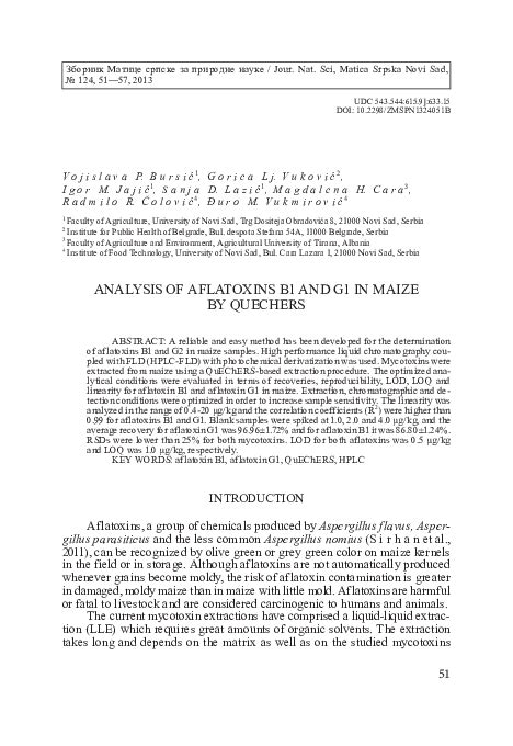 Pdf Analysis Of Aflatoxins B1 And G1 In Maize By Quechers