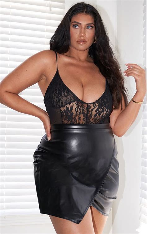 Plus Luisa Black Faux Leather Wrap Mini Skirt Plus Size Mini Skirts