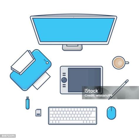 Pc 컴퓨터 프린터 책상 기술의 설정 마우스 펜 키보드 Flashdrive Sd 카드 플랫 라인 디자인 아이콘 벡터 일러스트입니다 Usb 메모리에 대한 스톡 벡터 아트 및