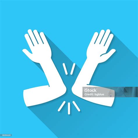 팔꿈치 범프와 인사 파란색 배경아이콘 긴 그림자가 있는 플랫 디자인 아이콘에 대한 스톡 벡터 아트 및 기타 이미지 아이콘 팔꿈치 부딪히기 3차원 형태 Istock