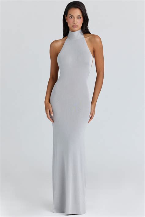 Silver Grey Halter Neck Backless Maxi Dress House Of Cb