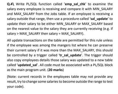 Solved Q4 Write Plsql Function Called Empsalchk To