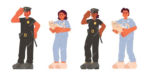 수의사 경찰 카 ⁇ 평면 일러스트레이션 세트 다양한 경찰 수의사 고양이 2d 캐릭터 ⁇ 배경에 격리 수의사 경찰 여성 경찰 장면 ⁇ 터 컬러 이미지 컬렉션 프리미엄 벡터