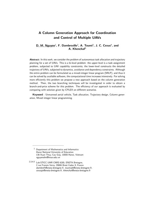 Pdf A Column Generation Approach For Coordination And Control Of Multiple Uavs