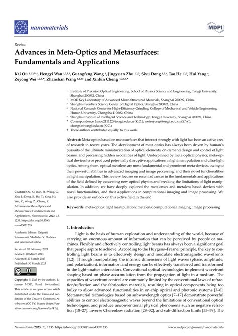Pdf Advances In Meta Optics And Metasurfaces Fundamentals And Applications