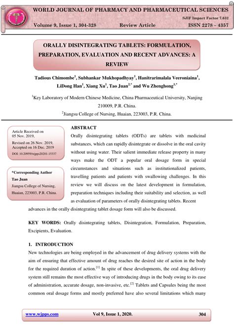 Pdf Orally Disintegrating Tablets Formulation Preparation