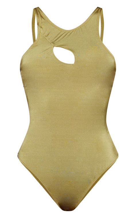 Olive Cut Out High Neck Swimsuit Swimwear Prettylittlething