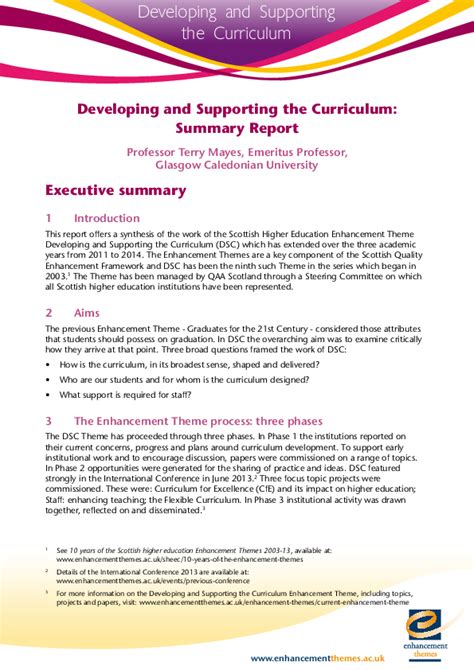 Pdf Developing And Supporting The Curriculum Summary Report