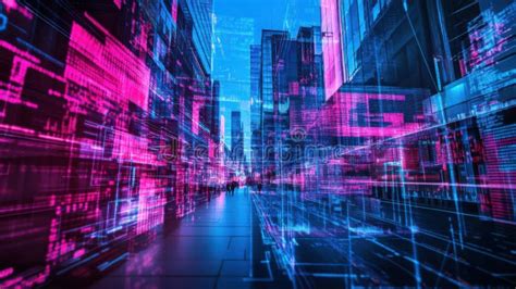 Futuristic Cityscape At Night With Digital Data Flow Concept For