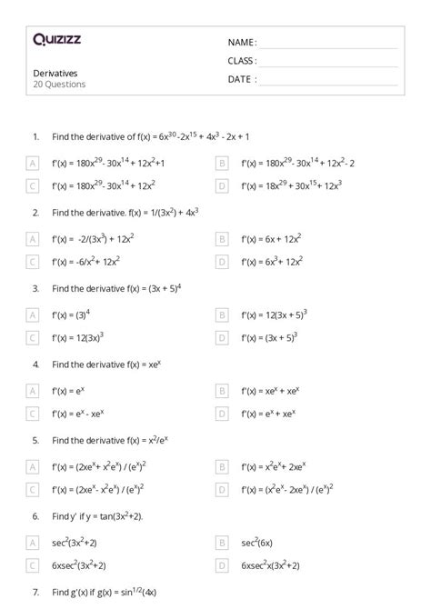 50 derivatives of integral functions worksheets for 12th class on