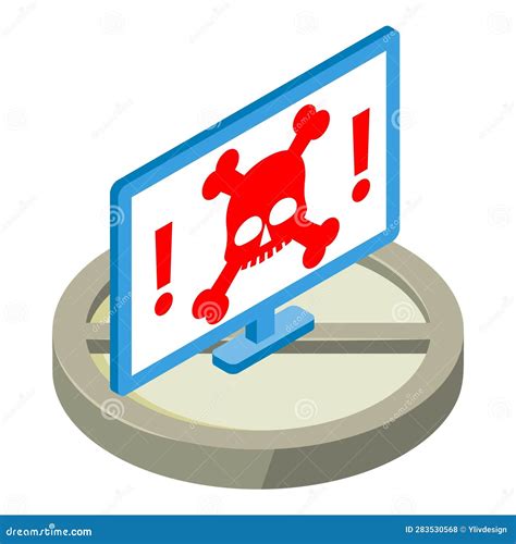hacked computer icon isometric vector skull bone and exclamation mark