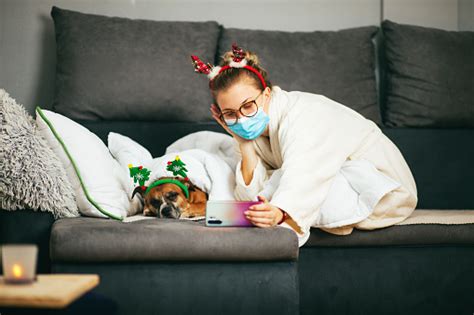 검역 중 새해를 축하하는 여성과 개 침대에 대한 스톡 사진 및 기타 이미지 침대 파티 12월 Istock