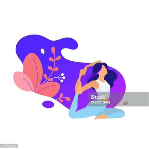 아사나스 요가 및 피트니스 운동을하는 슬림 한 스포츠 젊은 여성 건강한 라이프 스타일 식물과 그라데이션 배경에 고립 된 다양한 요가 위치를 보여주는 여성 만화 캐릭터 벡터