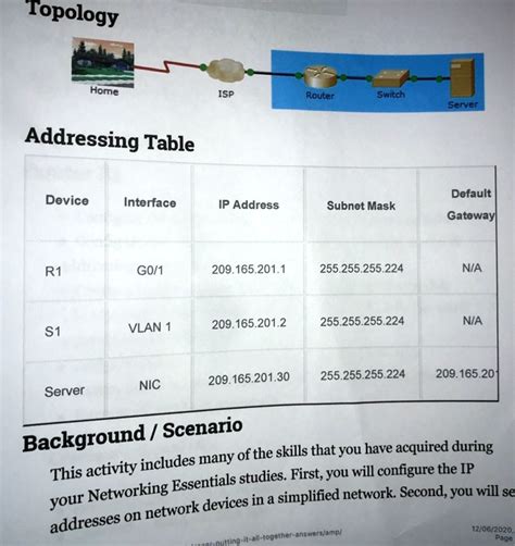 Topology Home Addressing Table Isp Router Switch Server Default Device