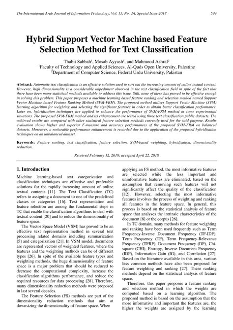 Pdf Hybrid Support Vector Machine Based Feature Selection Method For Text Classification