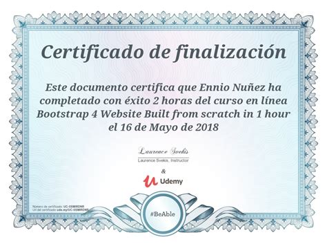 Completion Certificate For Bootstrap 4 Website Built From Scratch In 1 Hour Ennio Nuñez