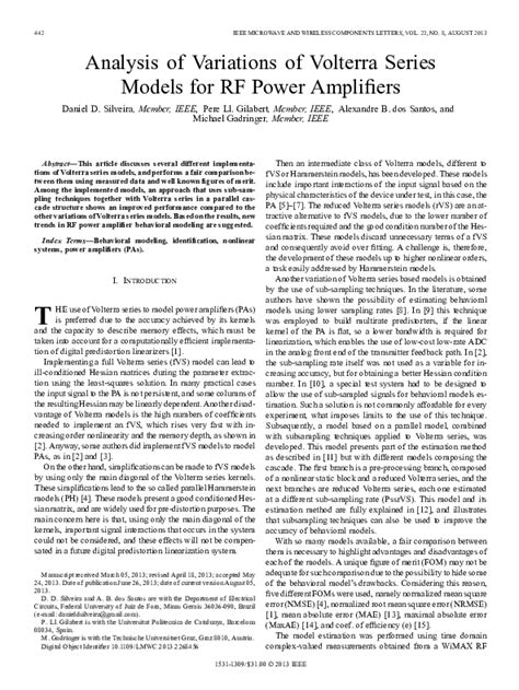 Pdf Analysis Of Variations Of Volterra Series Models For Rf Power Amplifiers
