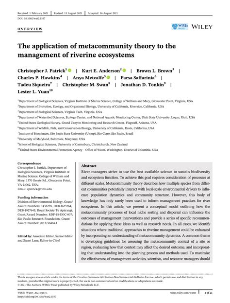 Pdf The Application Of Metacommunity Theory To The Management Of