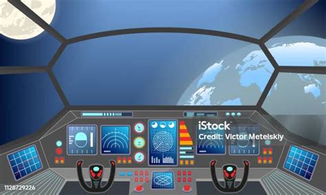 우주선 오두막 내부입니다 우주 행성 배경 지구와 달 우주선 패널 또는 대시보드입니다 벡터 일러스트입니다 우주선에 대한 스톡 벡터 아트 및 기타 이미지 Istock