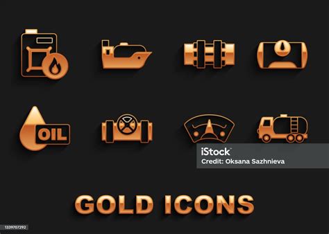 금속 파이프 및 밸브 차량용 가스 탱크 탱커 트럭 모터 가스 게이지 오일 드롭 캐니스터 모터 오일 및 유조선 아이콘을 설정합니다 벡터 금 금속에 대한 스톡 벡터 아트 및