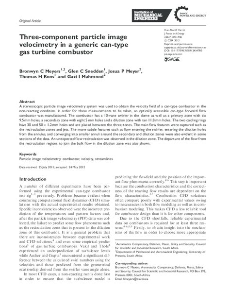 Pdf Three Component Particle Image Velocimetry In A Generic Can Type Gas Turbine Combustor