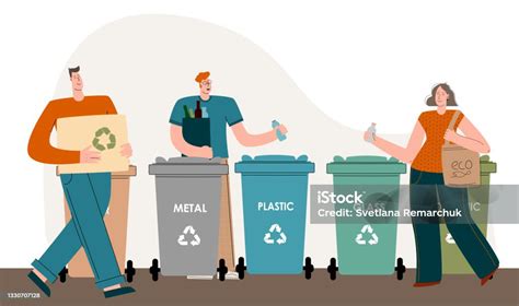 환경에 관심이 있고 재활용및 재사용을 위해 쓰레기통에 쓰레기를 넣는 남성과 여성 캐릭터 제로 폐기물 개념 쓰레기를 분류하는