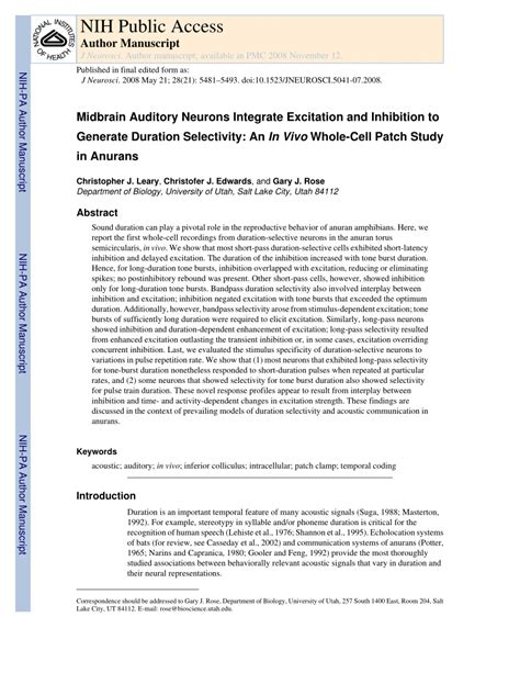 Pdf Midbrain Auditory Neurons Integrate Excitation And Inhibition To Generate Duration