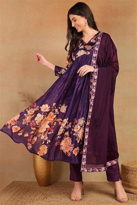Buy Purple Silk Blend Floral Printed Straight Trouser Bottom Suit Set