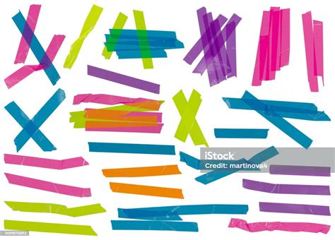 다색 접착 테이프 흰색 배경에 다양한 모양과 크기의 자체 접착 테이프의 밝은 스트립 큰 세트 스티커에 대한 스톡 사진 및 기타 이미지 Istock