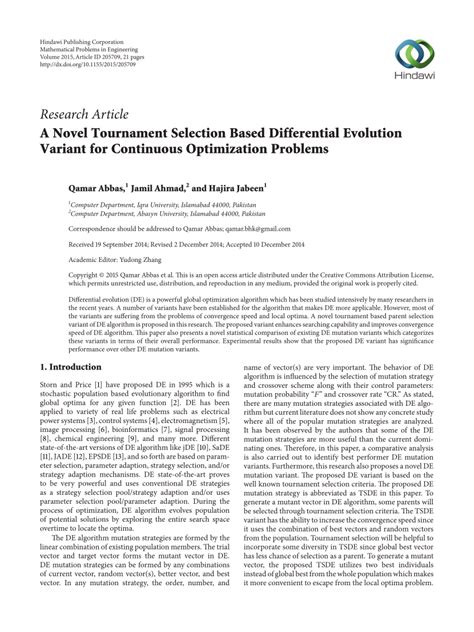 Pdf A Novel Tournament Selection Based Differential Evolution Variant For Continuous