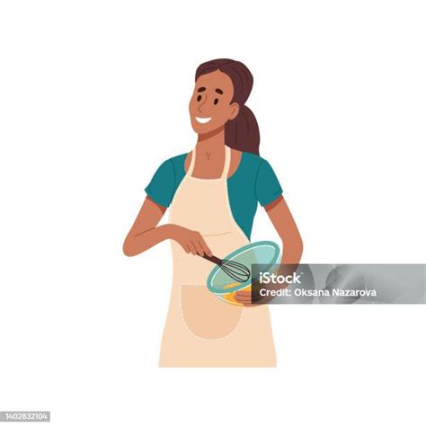 행복한 미소 짓는 여자 가정 요리사가 털과 유리 그릇으로 달걀을 때리는 오븐에 굽기에 대한 스톡 벡터 아트 및 기타 이미지