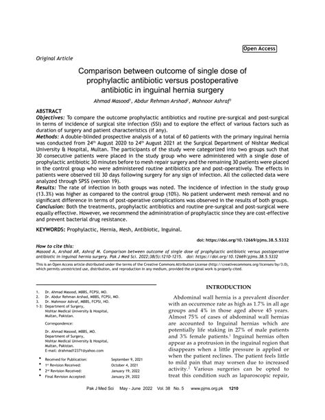 Pdf Comparison Between Outcome Of Single Dose Of Prophylactic Antibiotic Versus Postoperative