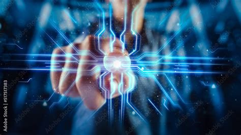 Digitalization Concept Human Finger Pushes Touch Screen Button And Activates Futuristic