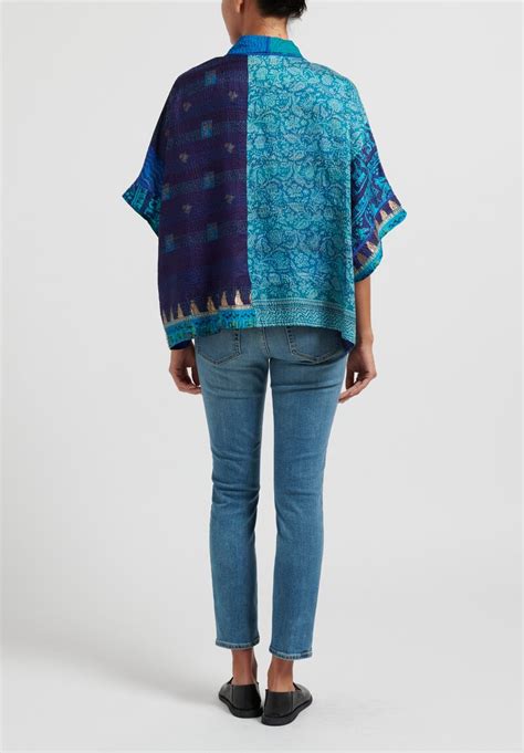 Mieko Mintz Vintage Silk Kantha Mini Poncho In Turquoise And Navy I